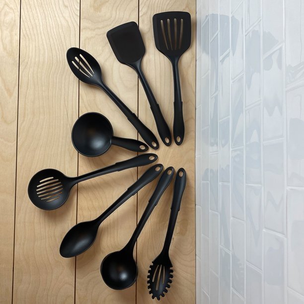 Mainstays 8-Piece Nylon Kitchen Utensil Set with Connector Ring, Black ...