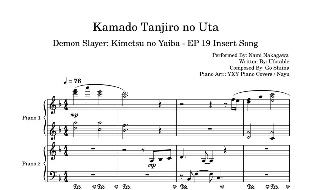 Demon Slayer OST - Kamado Tanjiro no Uta (4 Hand Piano Sheets)