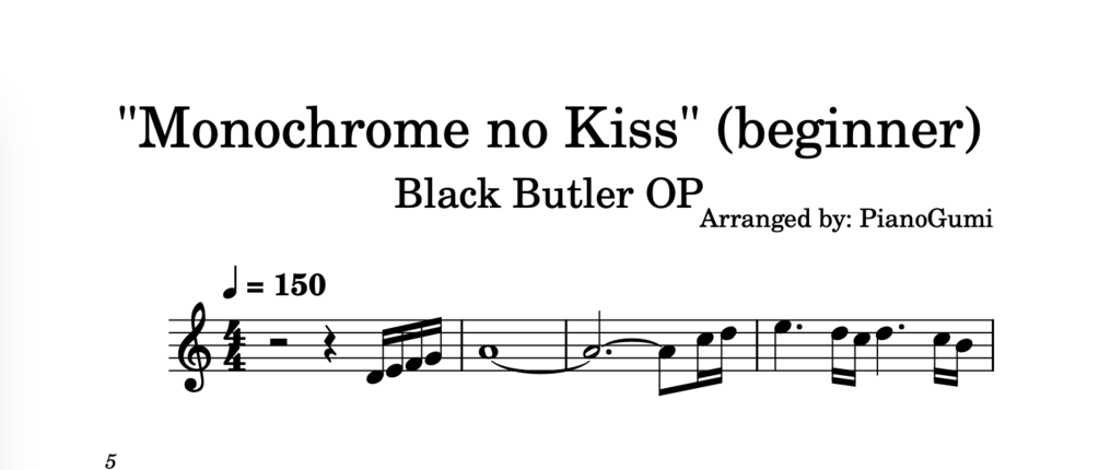 Black Butler OP - "Monochrome no Kiss" - Beginner Piano Sheet Music