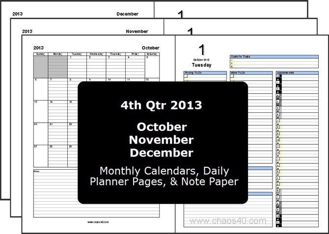 2013 October, November, December - Qtr 4 - Daily Planner Pack - Full Size