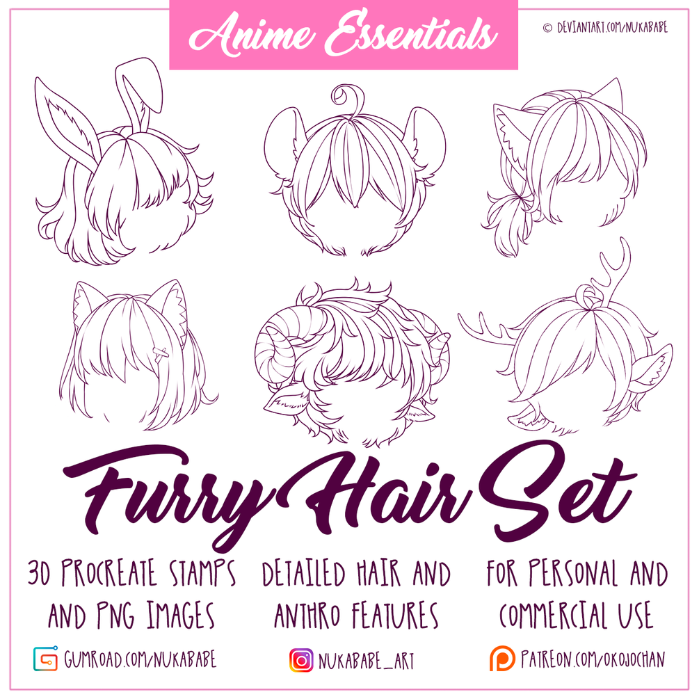 Procreate Hair Stamps | Anthro Furry Kemonomimi Hair | Manga Hair ...