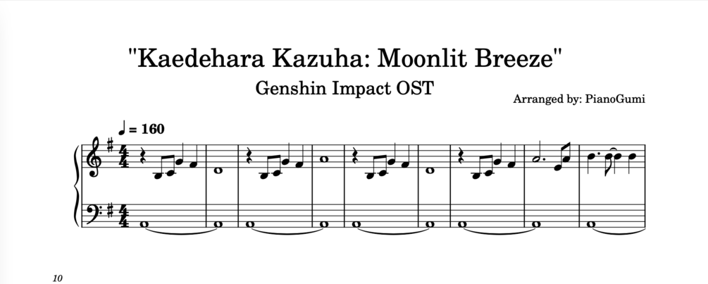 Genshin Impact OST - "Kaedehara Kazuha: Moonlit Breeze" - Piano Sheet Music