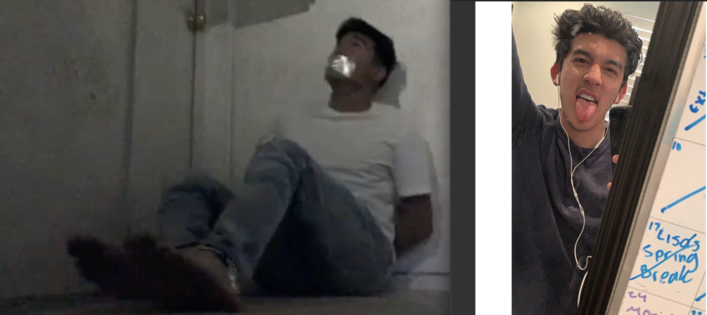 Teen skater guy tied, gagged, and barefoot.