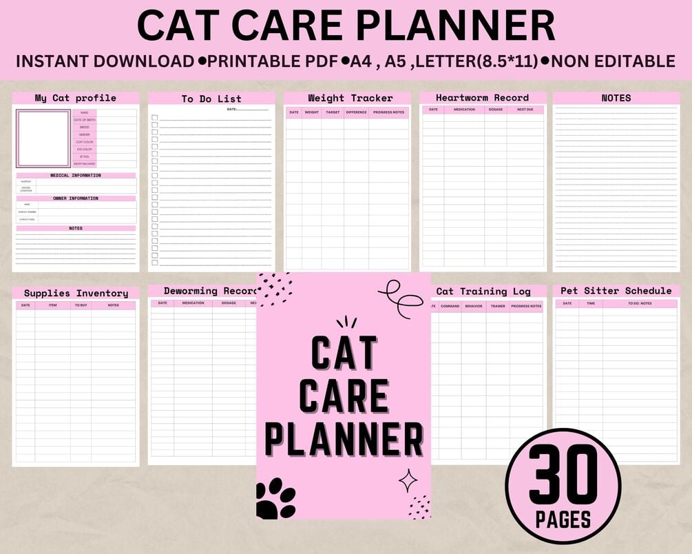 Cat Care Planner Printable Bundle, Cat Care Organizer, Cat Planner, Cat ...