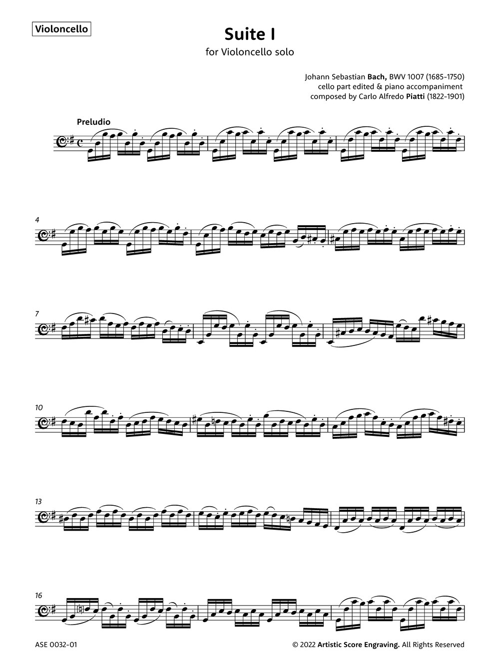 Bach, J. S. - Suite I for cello solo (piano accompaniment by Piatti)