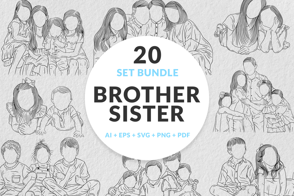 20 Set Bundle Happy Sibling Brother and Sister Kids Child Hand Drawn ...