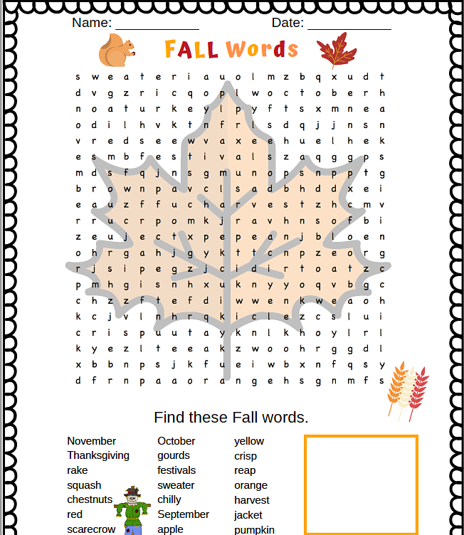 Fall Words - Fun Word Search Puzzle for Grades 2, 3 & 4