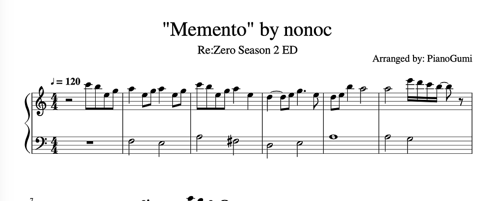 Re:Zero Season 2 ED - "Memento" by nonoc - Piano Sheet Music