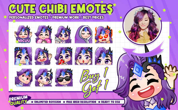 Custom cute chibi Emotes for twitch, youtube, discord