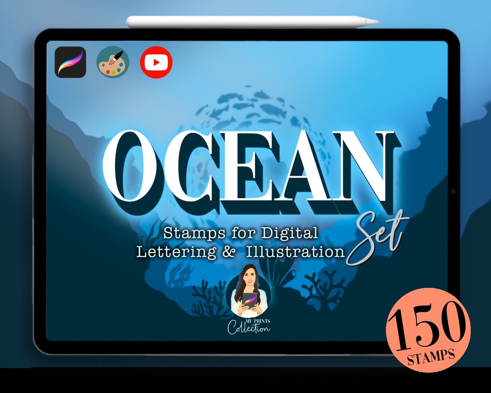 Ocean Procreate Set| 150 Stamps | Underwater | Ocean Animal ...
