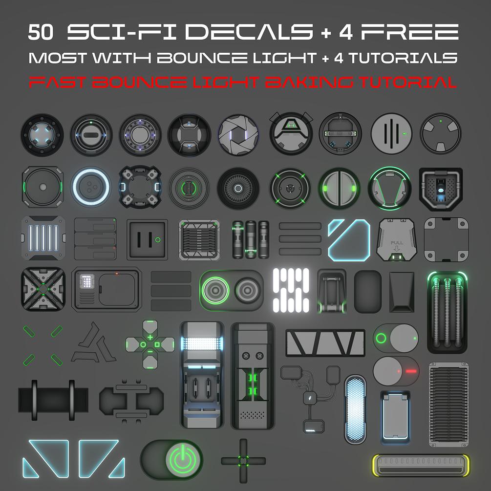 50 Sci-fi decals pack v1.0 with BOUNCE light!. DecalMachine 2.6 ready ...