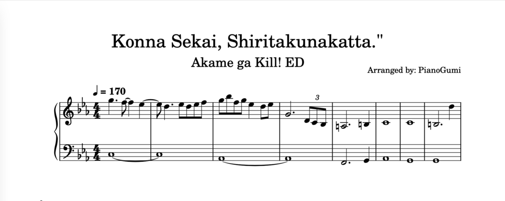 Akame ga Kill ED - "Konna Sekai, Shiritakunakatta." - Piano Sheet Music