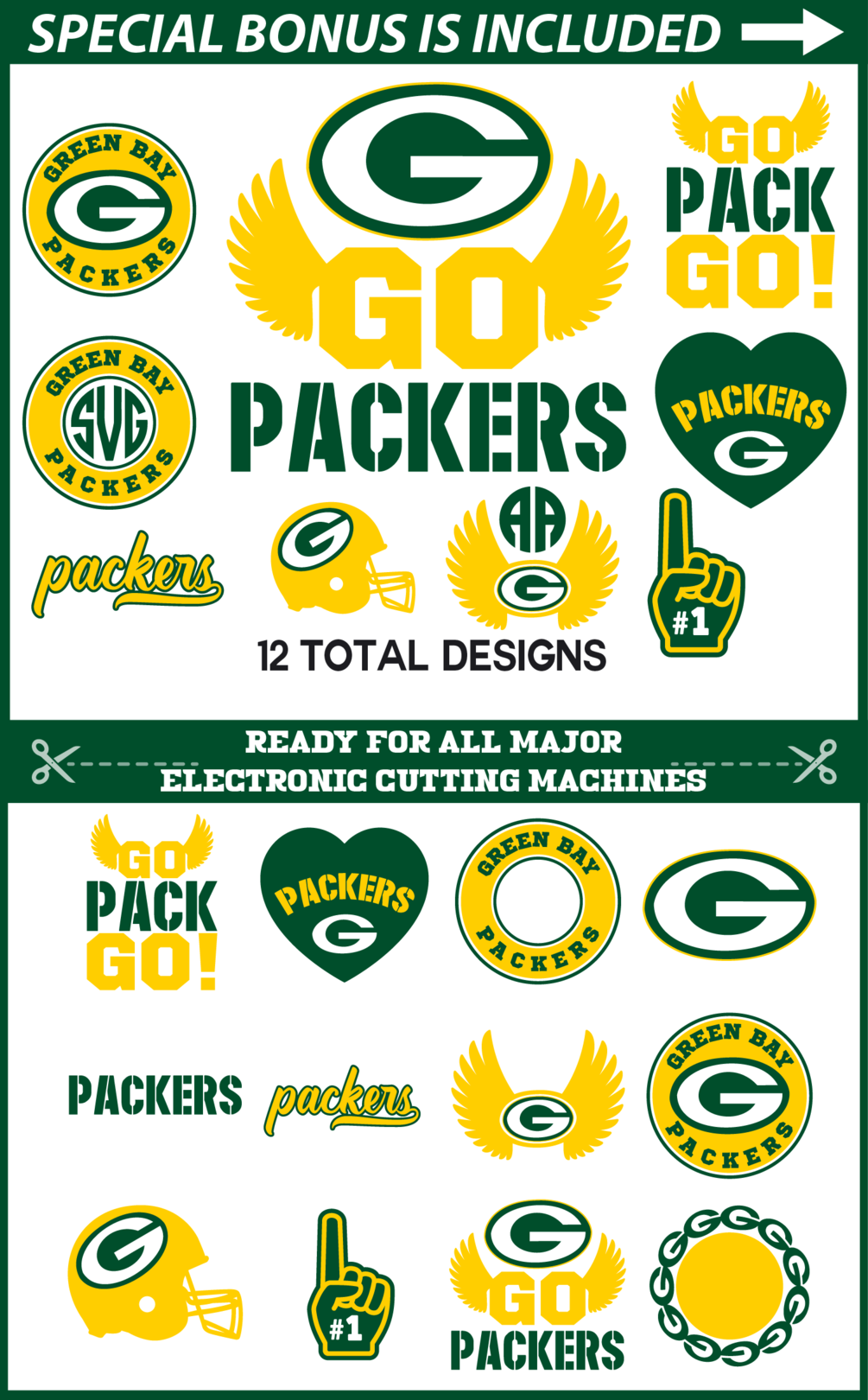 GREEN BAY PACKERS Monogram Cut Files Set 1 | 12 Designs