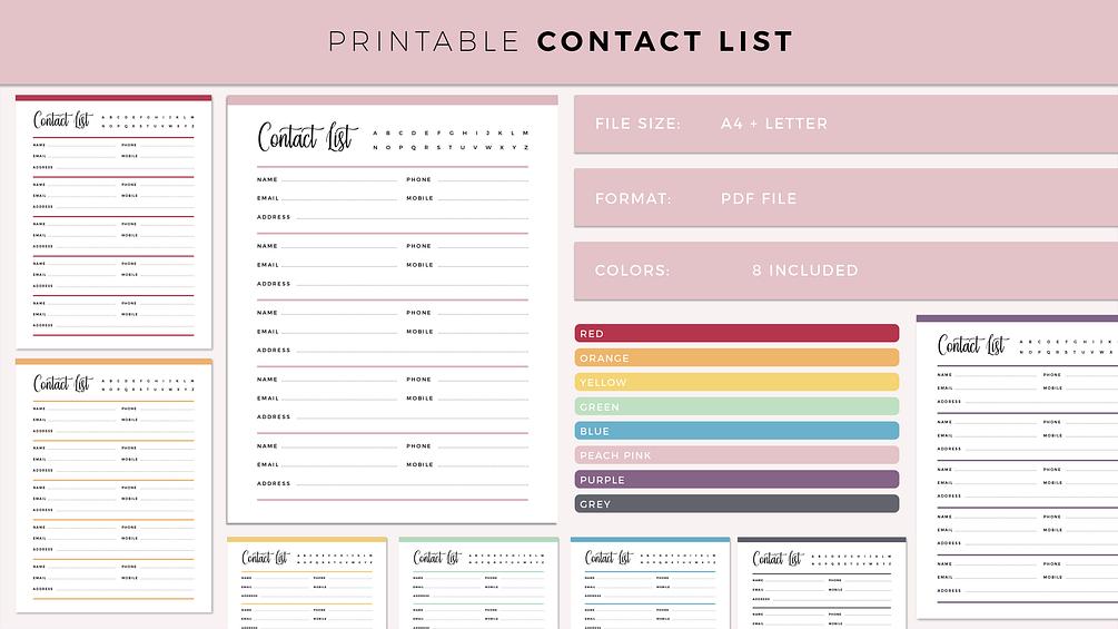 Printable Contact List | Print at Home Address Book | A4 an Letter Size