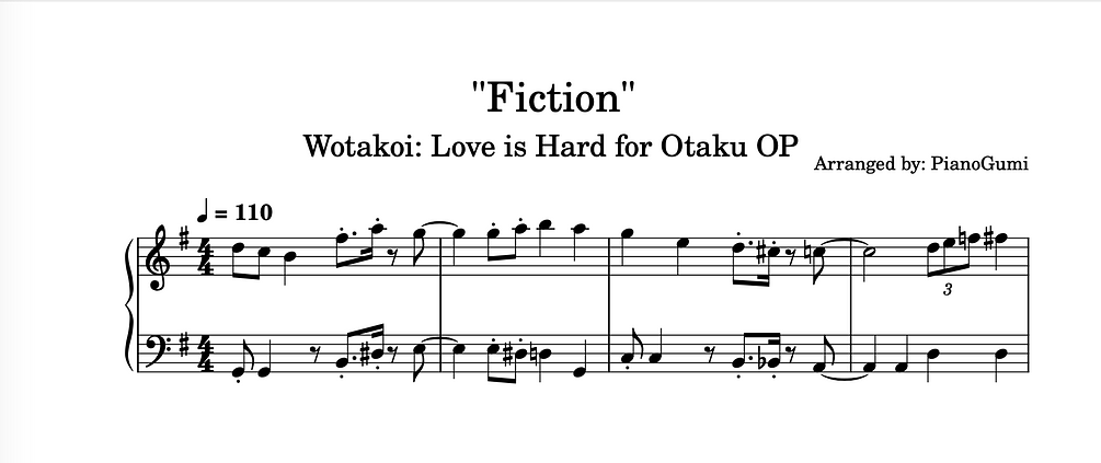 Wotakoi OP - "Fiction" - Piano Sheet Music