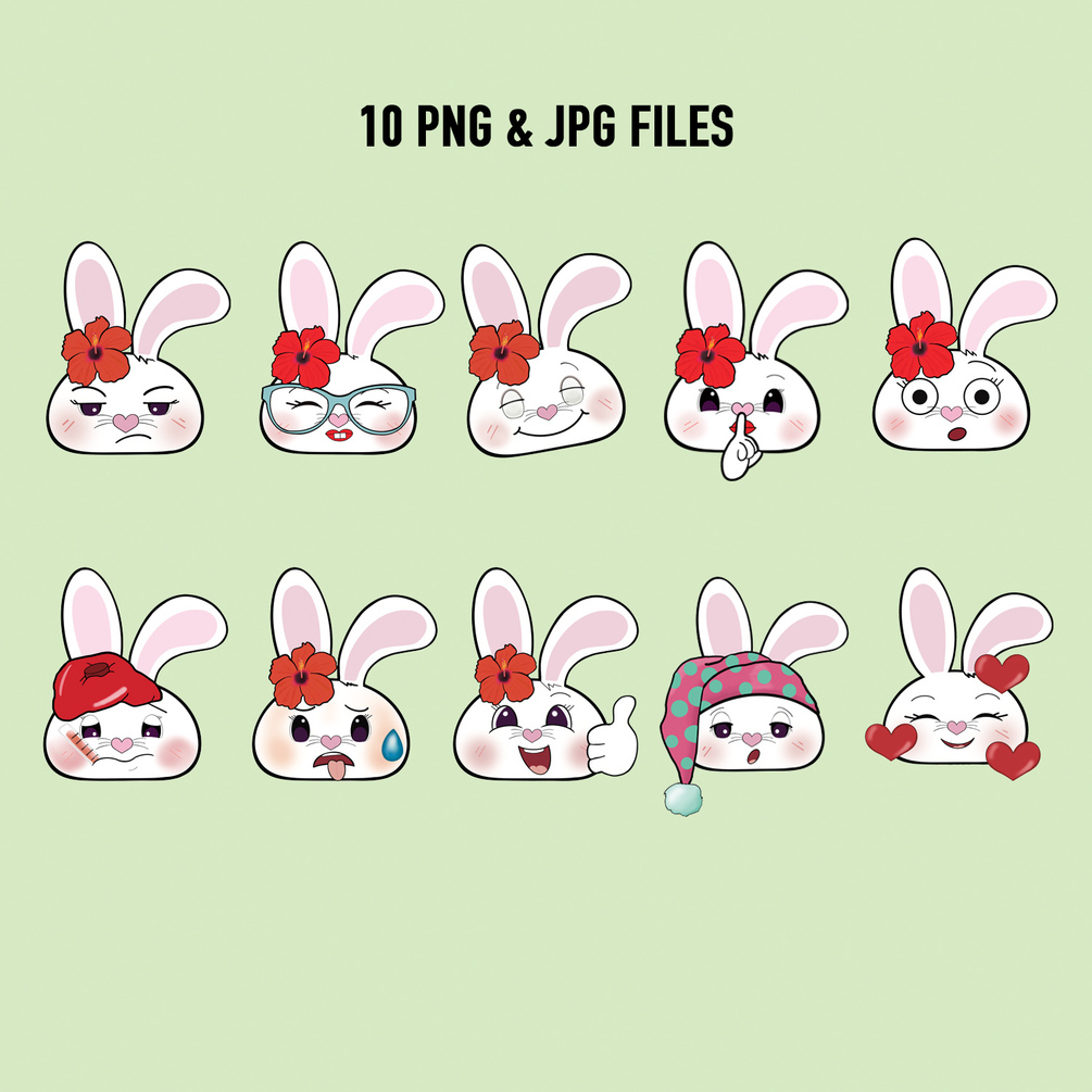 Bon-E Bunny Emoji Clipart Set 2, PNG & JPG 10 designs.