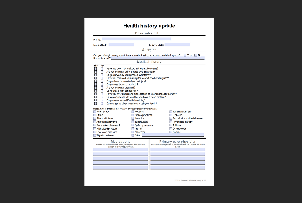 Dental health history update form