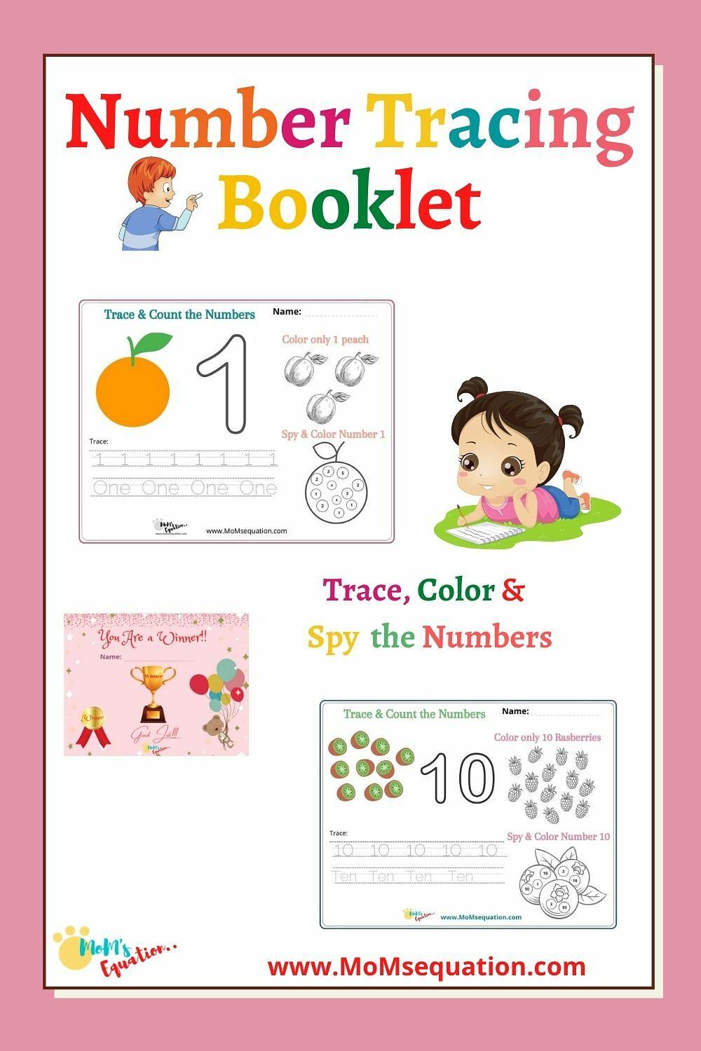 Number writing practice booklet (Count, trace, color & spy)