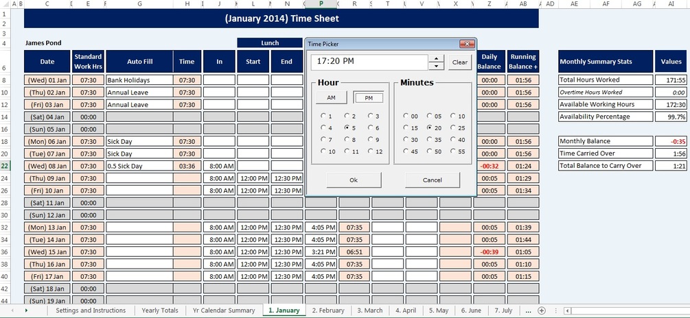Employee, Staff Time Sheet & Calendar Reusable, Microsoft Excel Spreadsheet