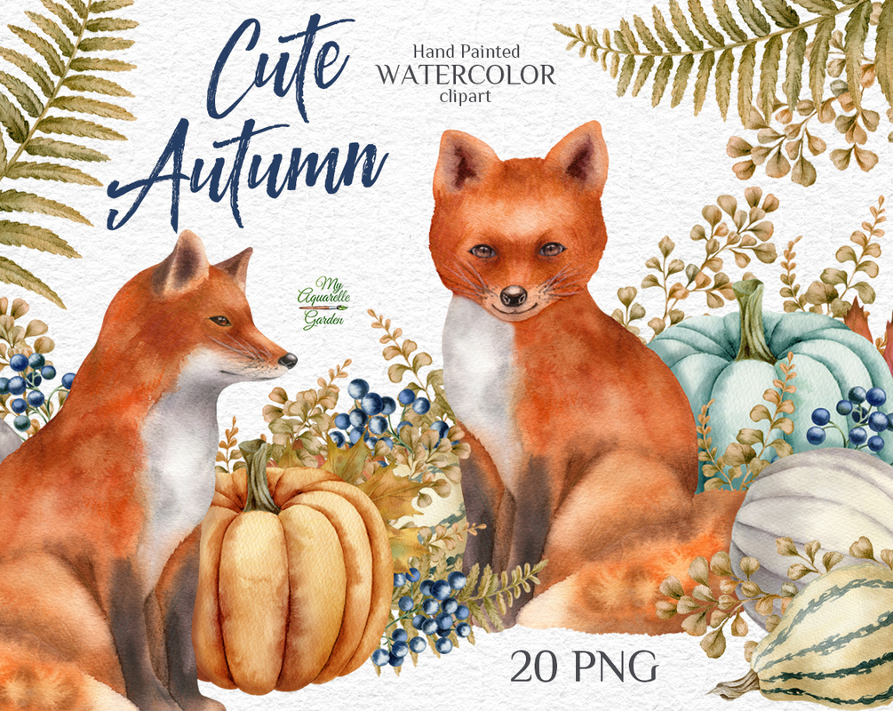 Fox, autumn leaves, pumpkins. Fall theme.