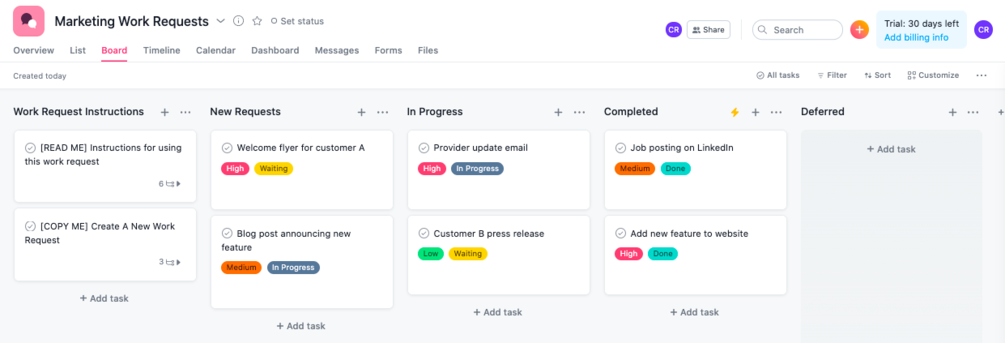 Free Asana Marketing Work Request Template