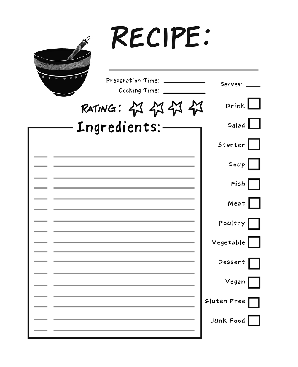 recipe book interior pages, 7.5" x 9.5" 110 pages
