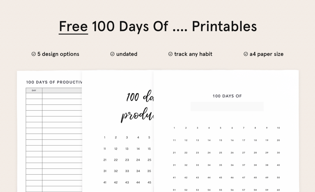 Free 100 Days of Productivity Printables