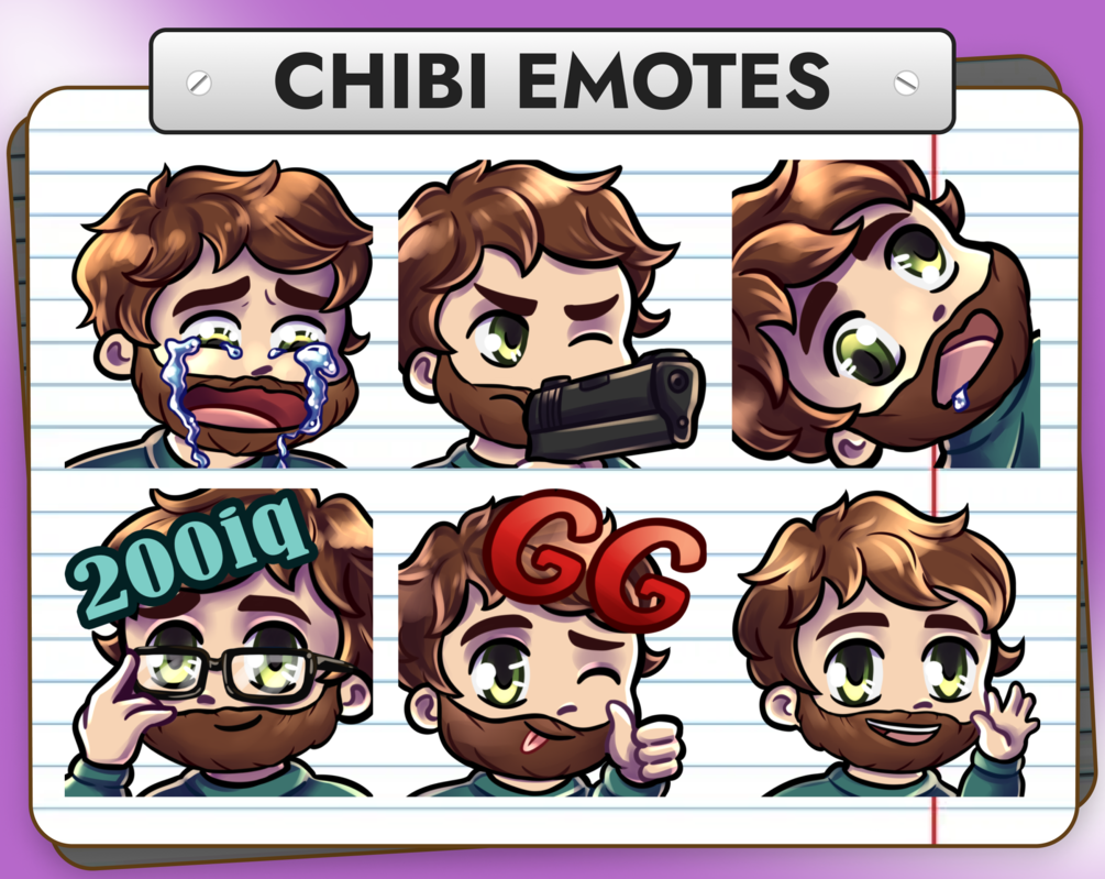 12 Brown Hair Beard Chibi Boy Emotes / Green Eyes