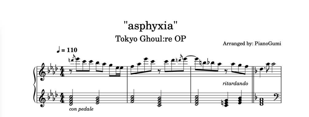 Tokyo Ghoul:re Season 3 OP - "Asphyxia" - INTERMEDIATE Piano Sheet Music