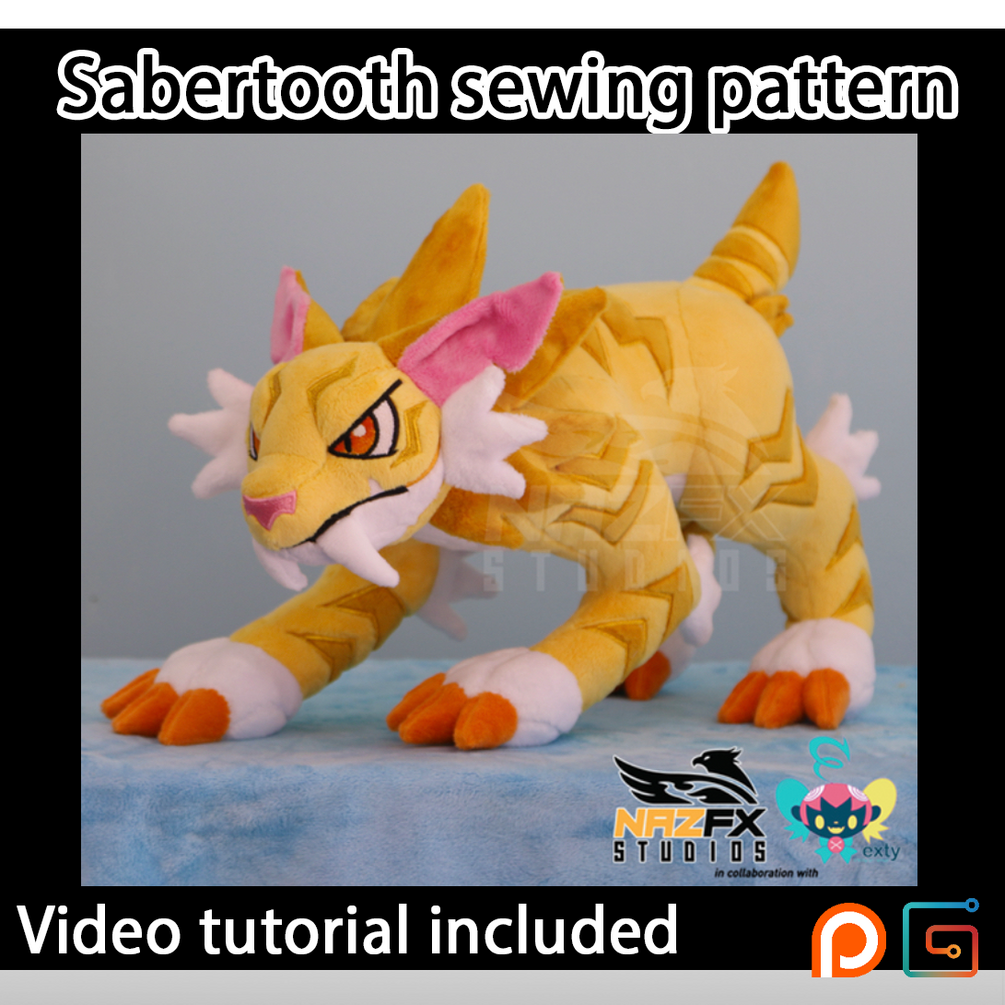 Sabertooth tiger plush - sewing pattern and video tutorial