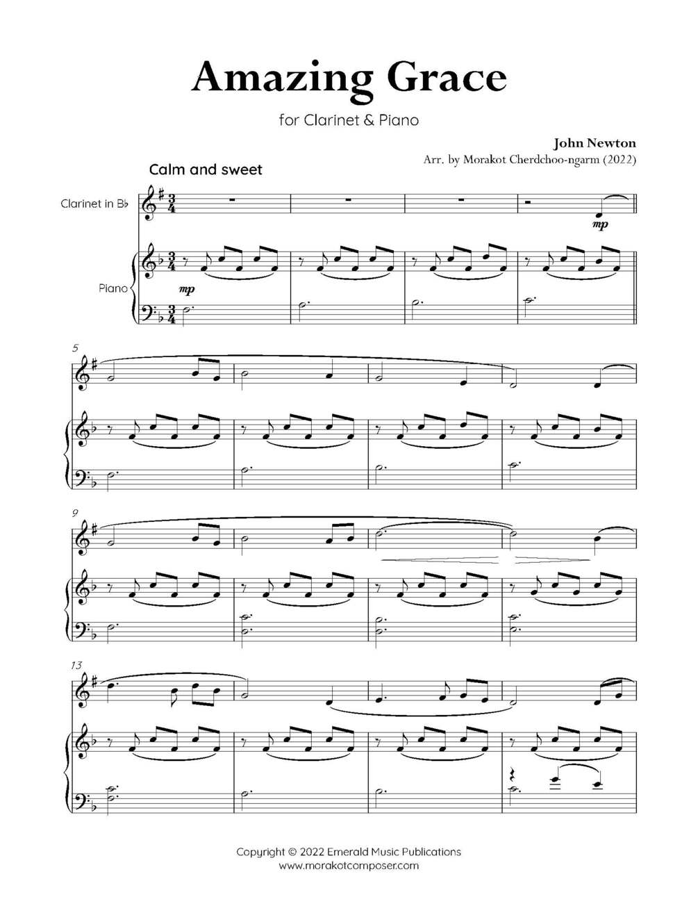 AMAZING GRACE for Clarinet & Piano (Score & Part)