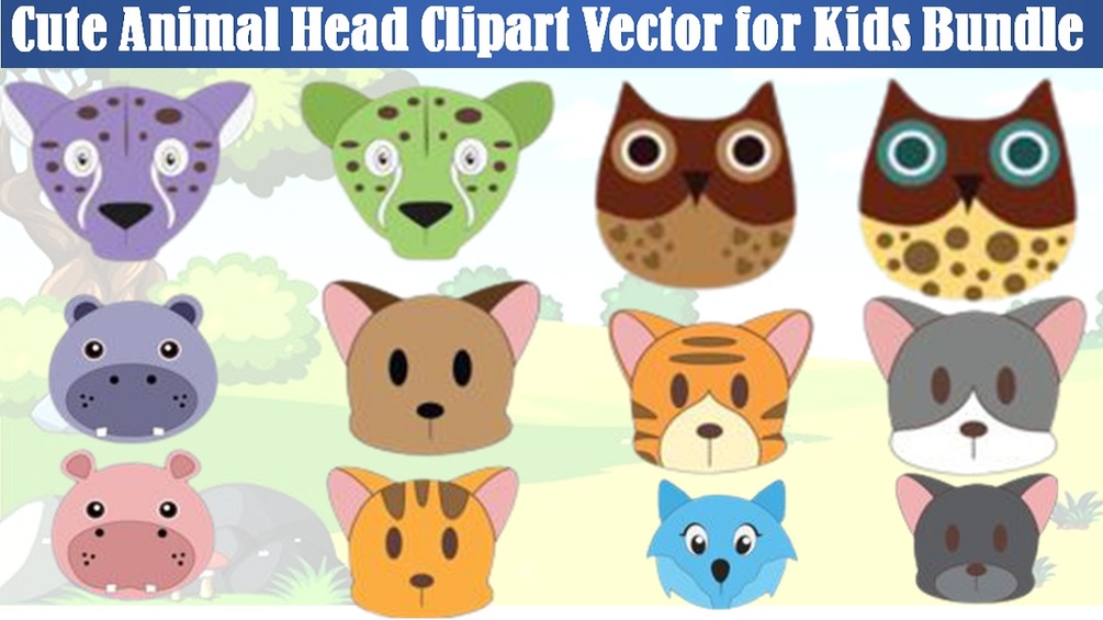 Bundle of Cute Animal Head Clipart Vector for Kids
