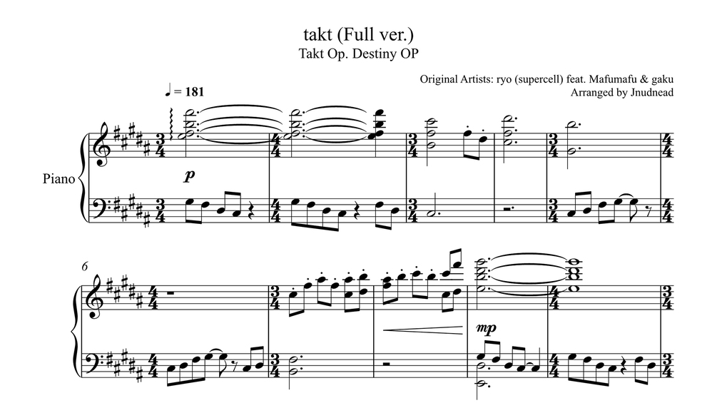 [Takt Op. Destiny OP] takt (Full ver.) Piano Arrangement