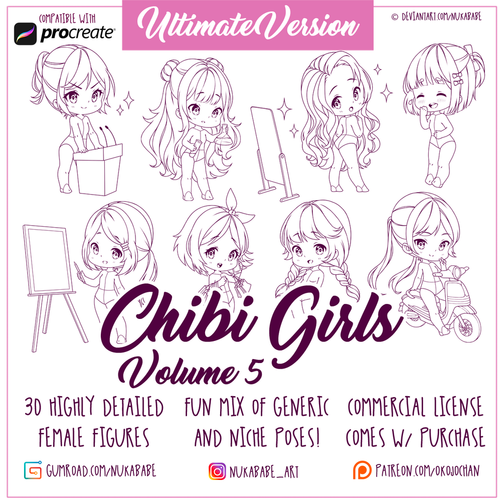 30 Procreate Stamps - Chibi Girls Poses Vol. 5 [+PNG]