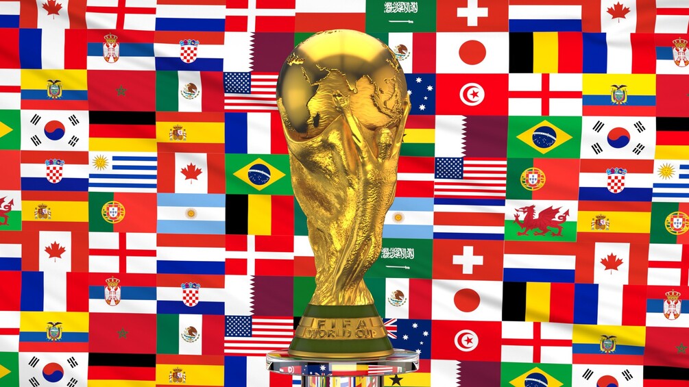 3d Fifa World cup gold trophy model with National flags in the background