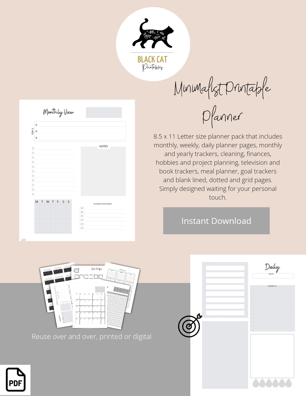 Minimalist Simple Printable Planner, 8x11 Letter size PDF