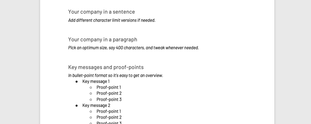 Messaging template for marketing and PR