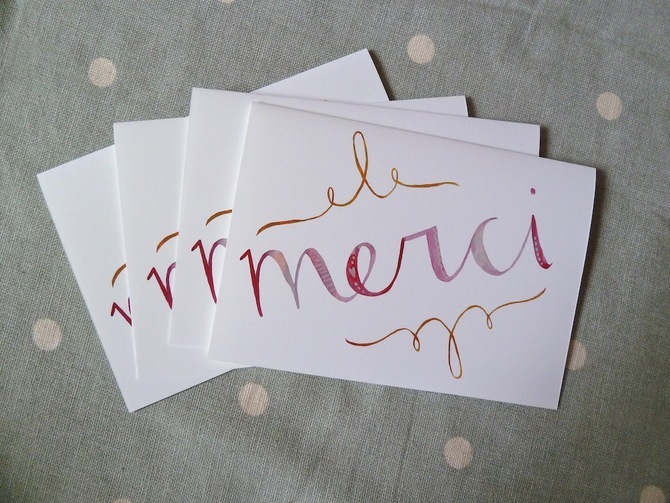 Set of four thank you cards, watercolour handwritten typographic ...