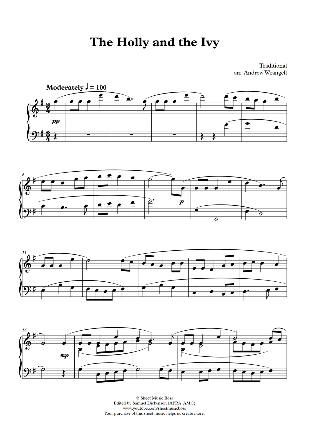 The Holly and the Ivy (Piano Sheet Music PDF, MIDI, and MP3)