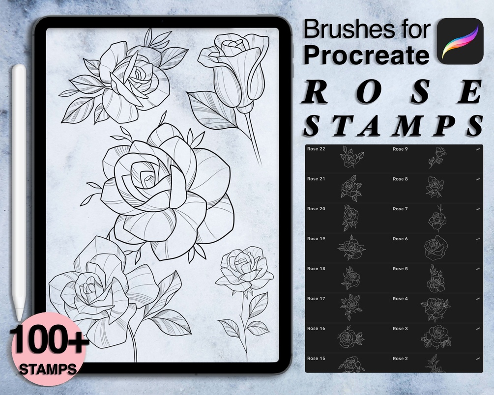 100 procreate rose stamps | procreate brushes