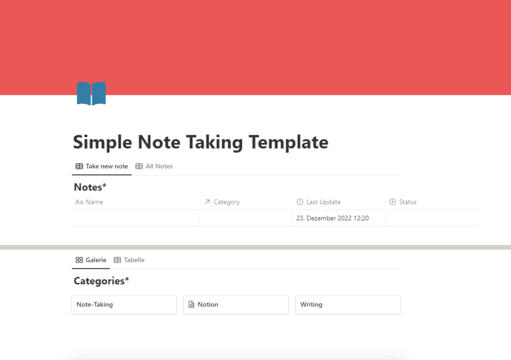 Simple Note Taking Dashboard for Notion