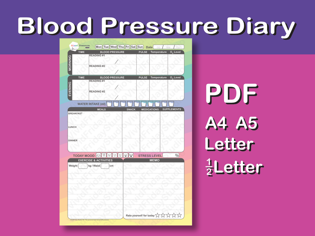 Rainbow Printable Blood Pressure Tracker Journal, single page PDF, with ...