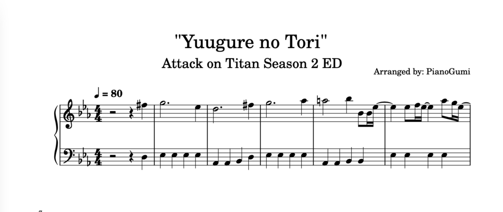 Attack on Titan Season 2 ED - "Yuugure no Tori" - Piano Sheet Music