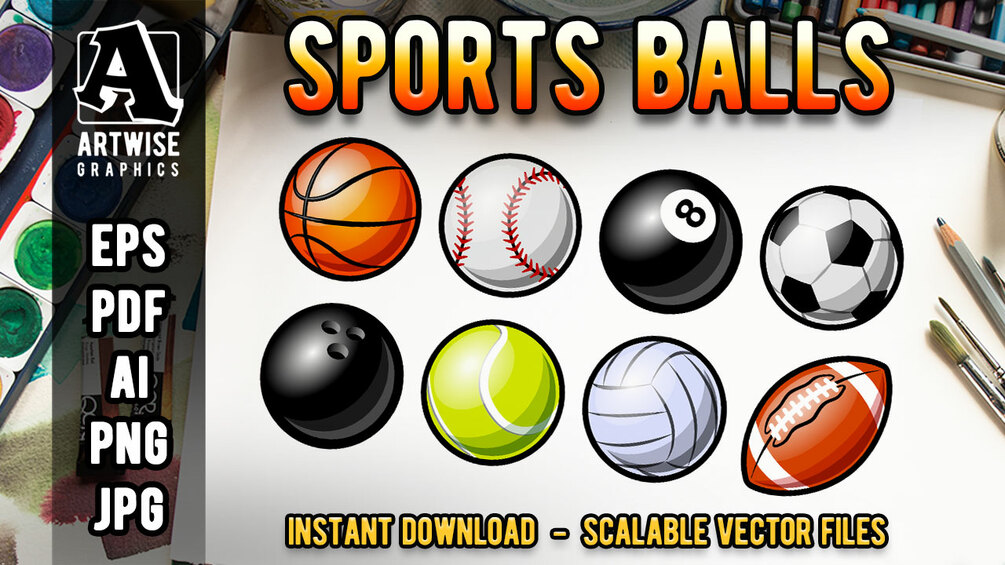 Set of Sports Balls Vector and Transparent Bitmap Files