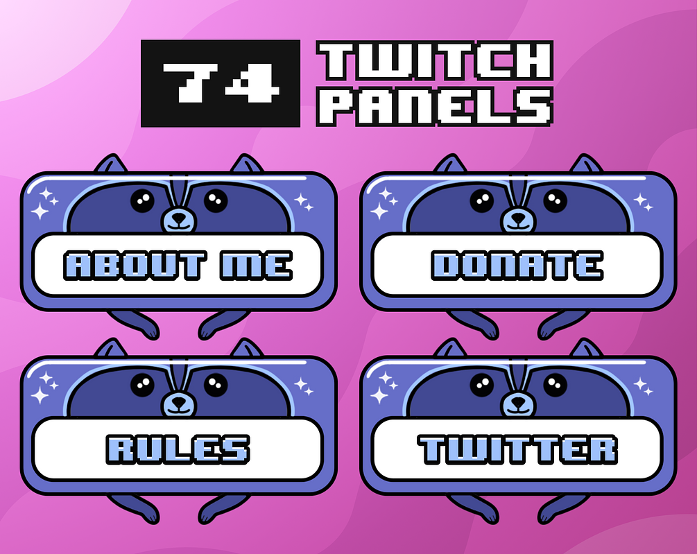 74x Cute Dark Blue Raccoon Twitch Panels for Stream
