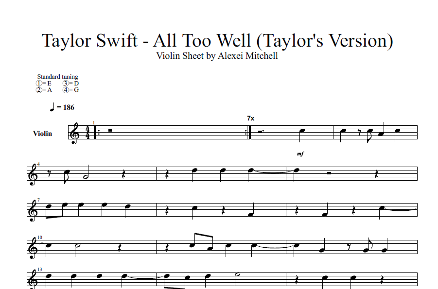 Taylor Swift - All Too Well (Taylor's Version) Violin Sheet