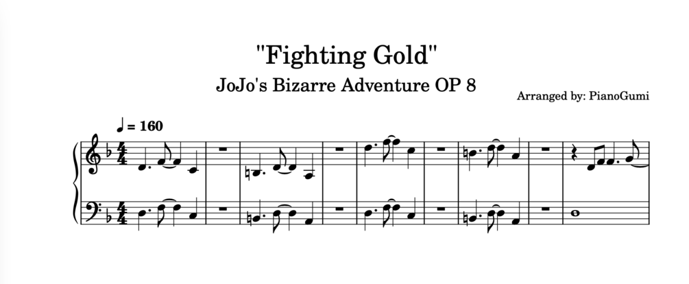 JoJo OP 8 - "Fighting Gold" - Piano Sheet Music