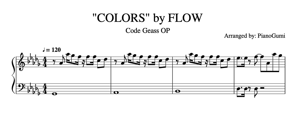 Code Geass OP - "COLORS" by FLOW - Piano Sheet Music