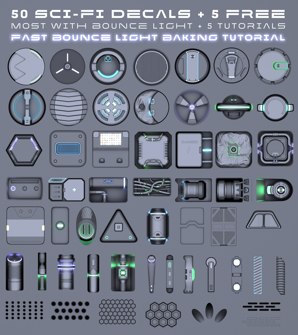 50 + 5free Sci-fi decals pack v2.0 with BOUNCE light!. DecalMachine 2.6 ...