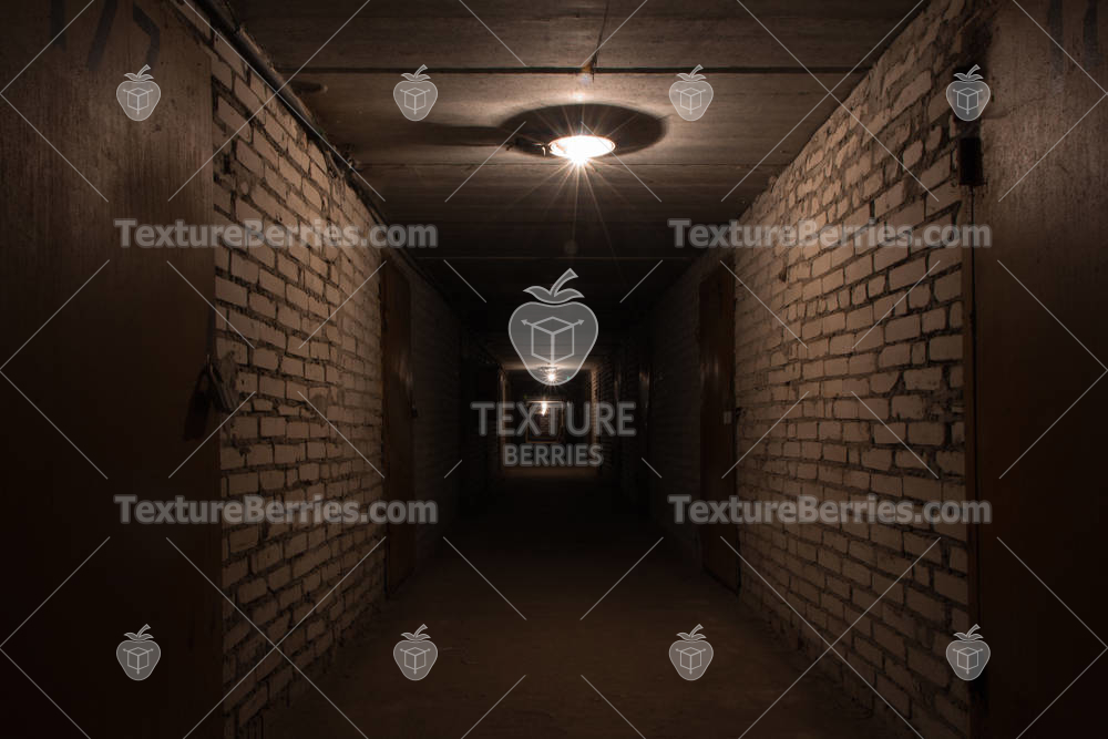 Dark long corridor in a basement with metal doors